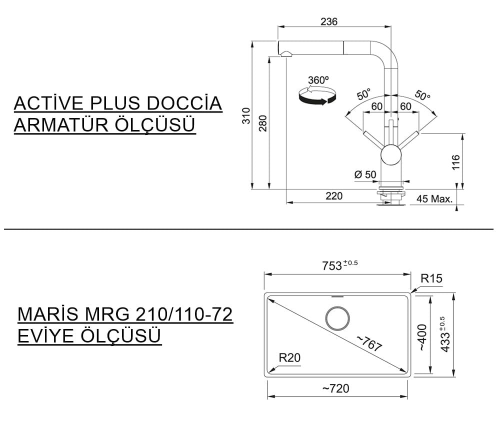 Franke Maris MRG 110-72 Tezgah Altı Granit Eviye + Active Plus Doccia ...
